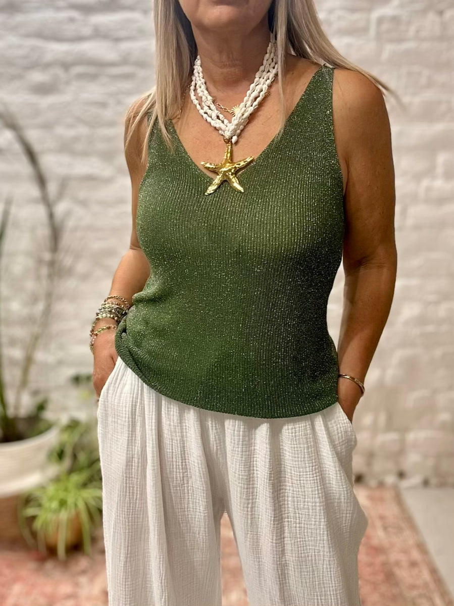 Shimmering Summer Knitted Vest Top With Silver Shimmer Thread – The ...